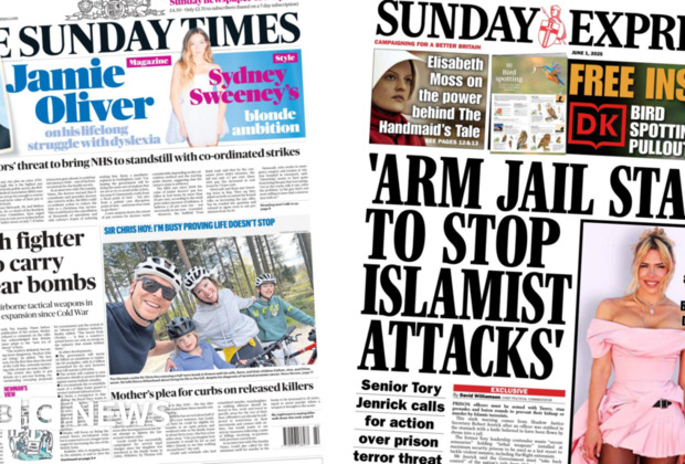 Newspaper headlines- 'Jets to carry nuclear bombs' and 'Look Who's back'