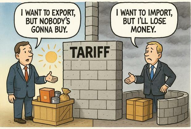 AI cartoon: Tariffs build walls where bridges once stood